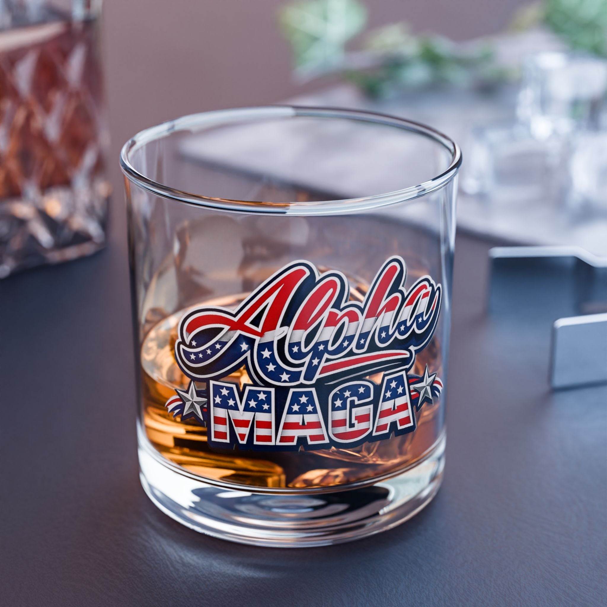 Alpha MAGA – Unapologetically American Rocks Glass – PatriotDepot.com